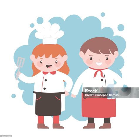 Gadis Koki Dan Pelayan Dengan Karakter Kartun Celemek Ilustrasi Stok