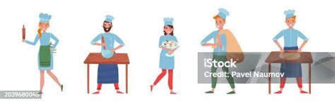 남자와 여자 베이커 캐릭터 에서 앞치마 와 Toque 굽기 빵 와 과자 벡터 세트 밀방망이에 대한 스톡 벡터 아트 및 기타 이미지 Istock