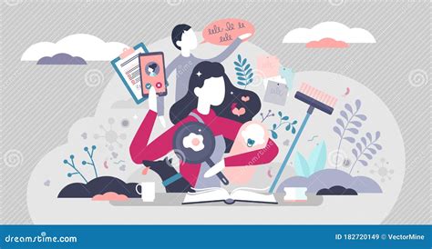Ilustración De Vector De Mamá Ocupada Noción De Casa De Rutina Madre Trabajos De Diminutas