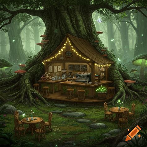 A Whimsical Forest Coffee Shop Nestled In The Roots Of A Giant Tree