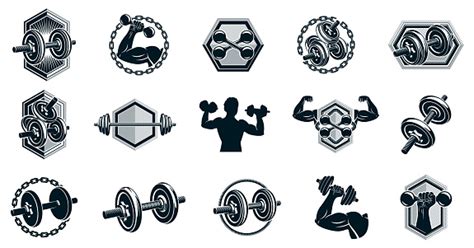 체육관 피트니스 스포츠 엠블럼과 로고 벡터 세트 바벨 아령 케틀벨과 근육 바디 맨 실루엣과 손 운동 운동 스포츠 클럽 활동적인