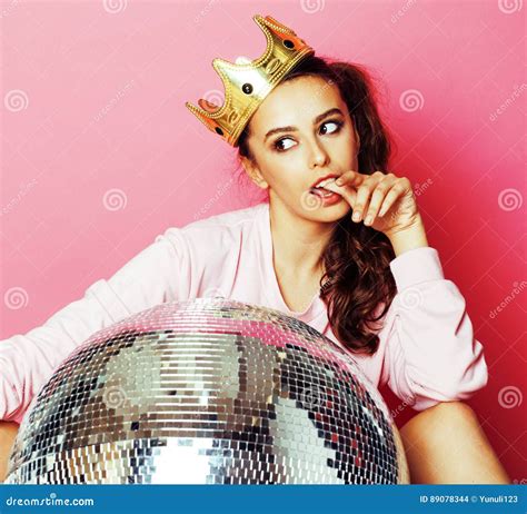 Young Cute Disco Girl On Pink Background With Disco Ball And Cro Stock