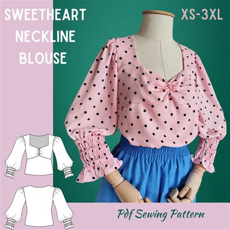 Sweetheart Neckline Puff Sleeve Blouse Pdf Sewing Pattern Vintage