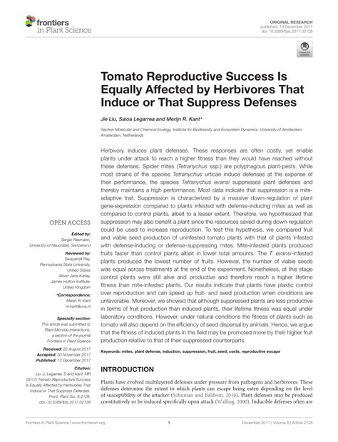 Pdf Tomato Reproductive Success Is Equally Affected By Herbivores That Induce Or That Suppress