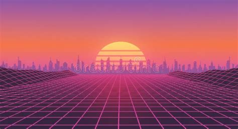 Futuristic Retro Cityscape At Sunset With Neon Grid And Vibrant Skyline