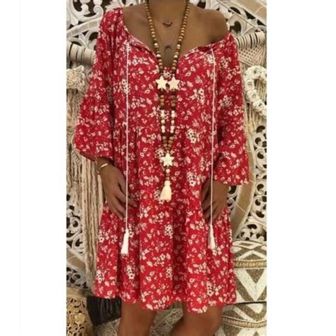 Robe Polka Dot Col V Lâche Manches 3 4 Imprimé Mi Longue Robe
