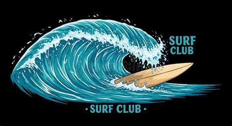 A Stylized Illustration Of A Large Curling Ocean Wave In Vibrant Blue Tones With A Stock