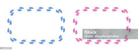 아기 발자국이 있는 직사각형 프레임 소년 또는 소녀 생일 베이비 샤워 성별 공개 임신 또는 환영 신생아 파티 초대장 또는 인사말 카드용 템플릿 인사장에 대한 스톡 벡터 아트