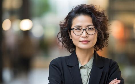 Premium Ai Image Smiling Businesswoman Asian Seated At Office Workstation