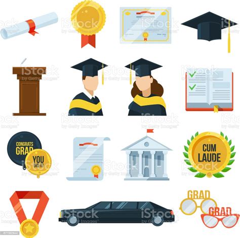 Ikon Vektor Mengatur Pesta Kelulusan Siswa Gaun Dan Topi Ijazah