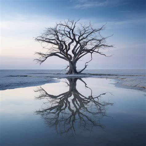 Uma árvore nua no meio de um lago Foto Premium