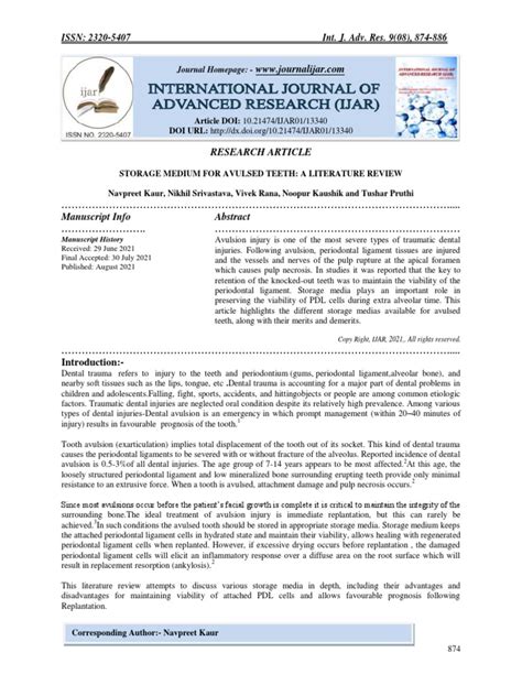 Storage Medium For Avulsed Teeth A Literature Review Pdf Human Tooth Medical Specialties