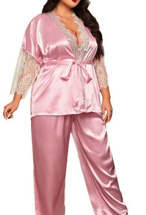 Seguen Pyjama Sexy Rosa Spitze Pyjamas Lange Hosen Set Strickjacke