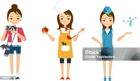 다른 직업 세트 사진 작가 요리사 스튜 어디 스의 여자는 흰색 바탕에 그림을 벡터 개념에 대한 스톡 벡터 아트 및 기타 이미지 개념 기업 비즈니스 벡터 Istock