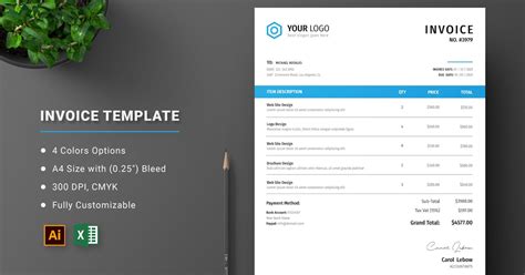 Шаблон инвойса Excel Шаблоны для печати Включая выставленный счет и оплата Envato Elements