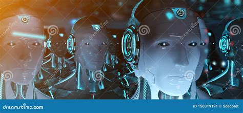 Group Of Male Robots Following Leader Cyborg Army 3d Rendering Stock