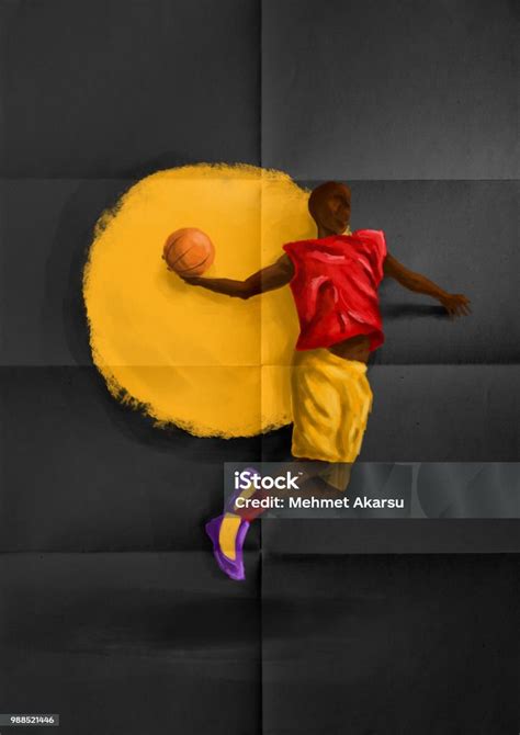 Pemain Basket Dunk Di Sketsa Sikat Latar Belakang Hitam Ilustrasi Stok