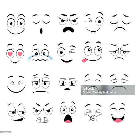 만화 얼굴 표정이 좋은 눈과 입 웃고 울고 놀란 캐릭터 얼굴 표정 캐리커처 만화 감정 또는 이모티콘 낙서 격리 벡터 일러스트 아이콘 세트 만화에 대한 스톡 벡터 아트 및