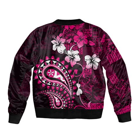 Fiji Masi Paisley With Hibiscus Tapa Sleeve Zip Bomber Jacket Pink