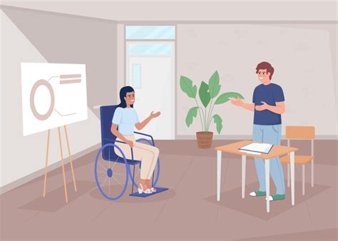 Best Premium Disabled Woman With Groupmates In Canteen Illustration