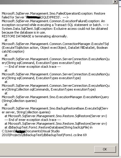 Sql Restore Sqlserver Database Using C Showing Error Stack Overflow