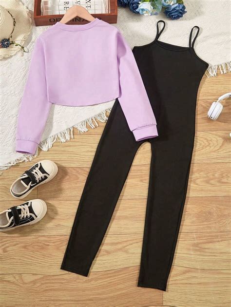 SHEIN Chica Preadolescente Camiseta Bajo Irregular Mono De Tirantes Con Estampado De Letra