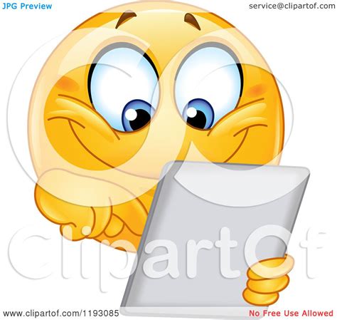 Cartoon Of A Happy Smiley Emoticon Using A Tablet Computer Royalty Free Vector Clipart By