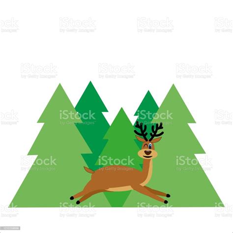 흰색 배경에 고립 된 사슴과 녹색 크리스마스 트리를 수신 거부 장식 및 디자인 엽서 포스터 웹 페이지 직물 어린이 등을위한 스톡 벡터 일러스트레이션 개념에 대한 스톡 벡터