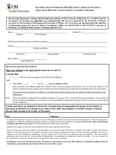 Fillable Online Self Declaration Form University Of Manitoba Fax Email Print Pdffiller