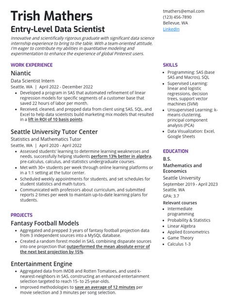 Entry Level Data Scientist Resume Example Pdf Statistics Sas