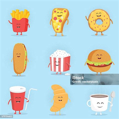 Set Of Cute Cartoon Fast Food Characters向量圖形及更多卡通圖片 卡通 食品 漢堡 Istock
