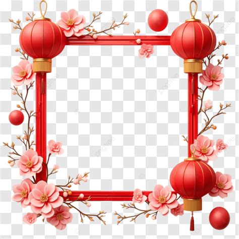 명절의 활기 넘치는 전통을 기념하는 등불과 꽃이 있는 중국 새해 프레임 등불과 꽃과 함께 중국 설날 명절의 활기와 전통을 축하합니다 중국의 설날 Png 일러스트 및