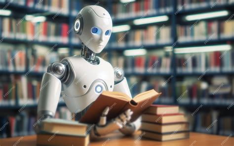 artificial intelligence or ai robot reads a book in the library concept of collecting data