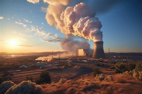 Vista aérea de la planta de energía nuclear vapor que sale de las tuberías de grandes plantas