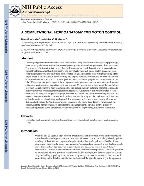 Pdf A Computational Neuroanatomy For Motor Control