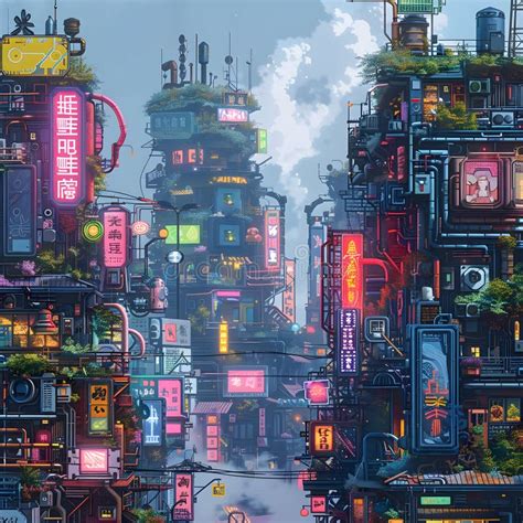 Vibrant Neon Lit Cyberpunk Cityscape With Tall Dense Buildings And