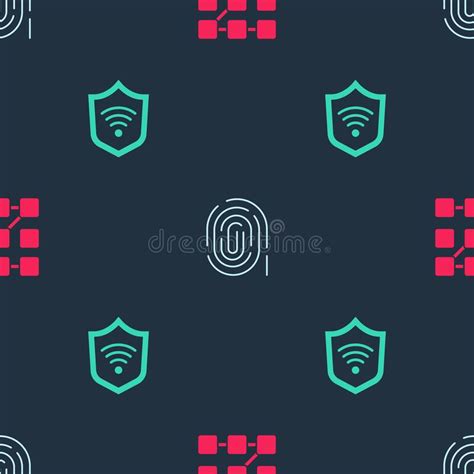 Set Graphic Password Protection Fingerprint And Shield With Wifi Wireless On Seamless Pattern