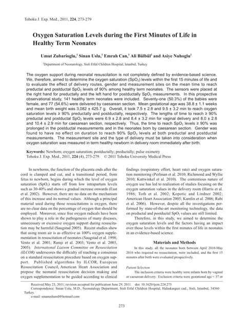 Pdf Oxygen Saturation Levels During The First Minutes Of Life In