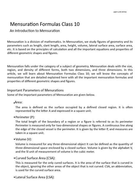 Mensuration Formulas Class 10 Download Free Pdf Area Volume