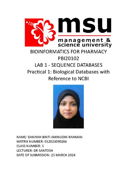 Bioinformatics Lab 1 Bioinformatics For Pharmacy Pbi Lab 1 Sequence Databases Practical 1 Bioinformatics Lab 1 Bioinformatics For Pharmacy Pbi Lab 1 Sequence Databases Practical 1