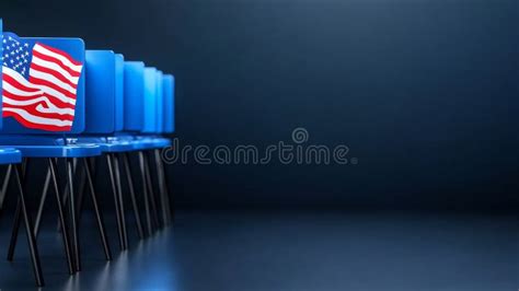 Empty Voting Booths And American Flag A Row Of Empty Blue Voting Booths Symbolizing Election