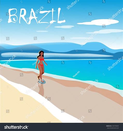 Girl Red Bathing Suit On Beach Stock Vector Royalty Free 418778494
