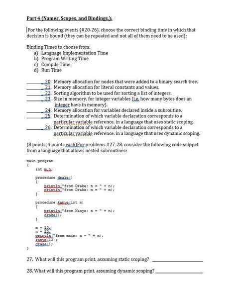 Solved Part 4 Names Scopes And Bindings For The