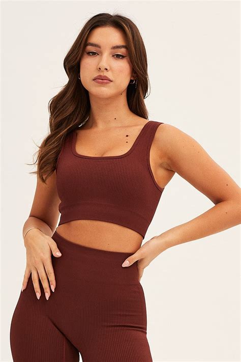 Womens Brown Seamless Activewear Singlet Top Ally Fashion