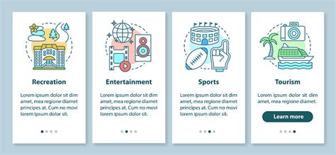 선형 개념으로 모바일 앱 페이지 화면을 온보딩하는 레크리에이션 산업 스포츠 관광 엔터테인먼트 연습 단계 그래픽 지침 Ux Ui 그림이 있는 Gui 벡터 템플릿 4에 대한