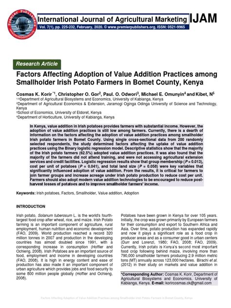 Factors Affecting Adoption Of Value Addition Practices Among Smallholder Irish Potato Farmers In
