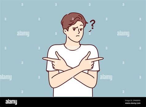 Puzzled Man Pointing Fingers In Different Directions Doubtful Trying To