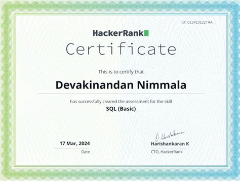 Earned Sql Basics On Hackerrank Devaki Nandan Nimmala Posted On The