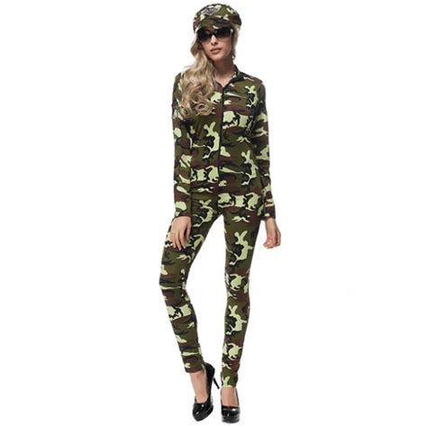 New Sexy Women Long Sleeved Zip Front Camouflage Field Army Costume Army Instructors Halloween