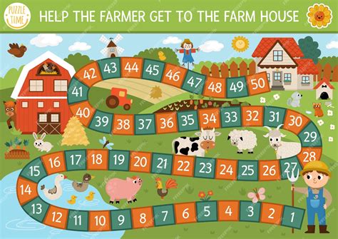 마을 풍경이 있는 어린이를 위한 농장 주사위 보드 게임 헛간 정원이 있는 시골 보드 게임 시골 시골 활동 또는 아이들을 위한 인쇄 가능한 워크시트 농부가 농장 집에